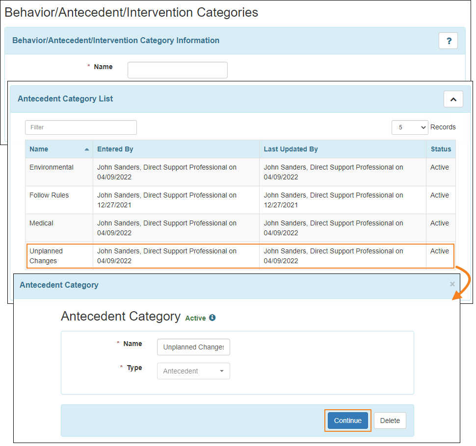 Create, Edit, and Discontinue Behavior/Antecedent/Intervention Category