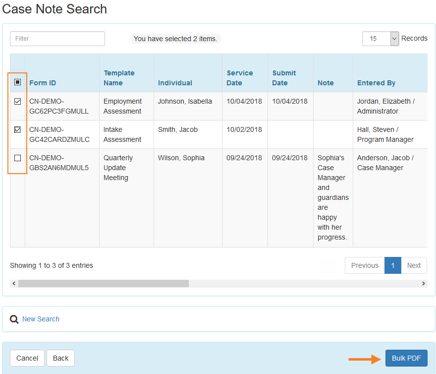 Search, Edit, Delete Case Note and Generate Bulk PDF